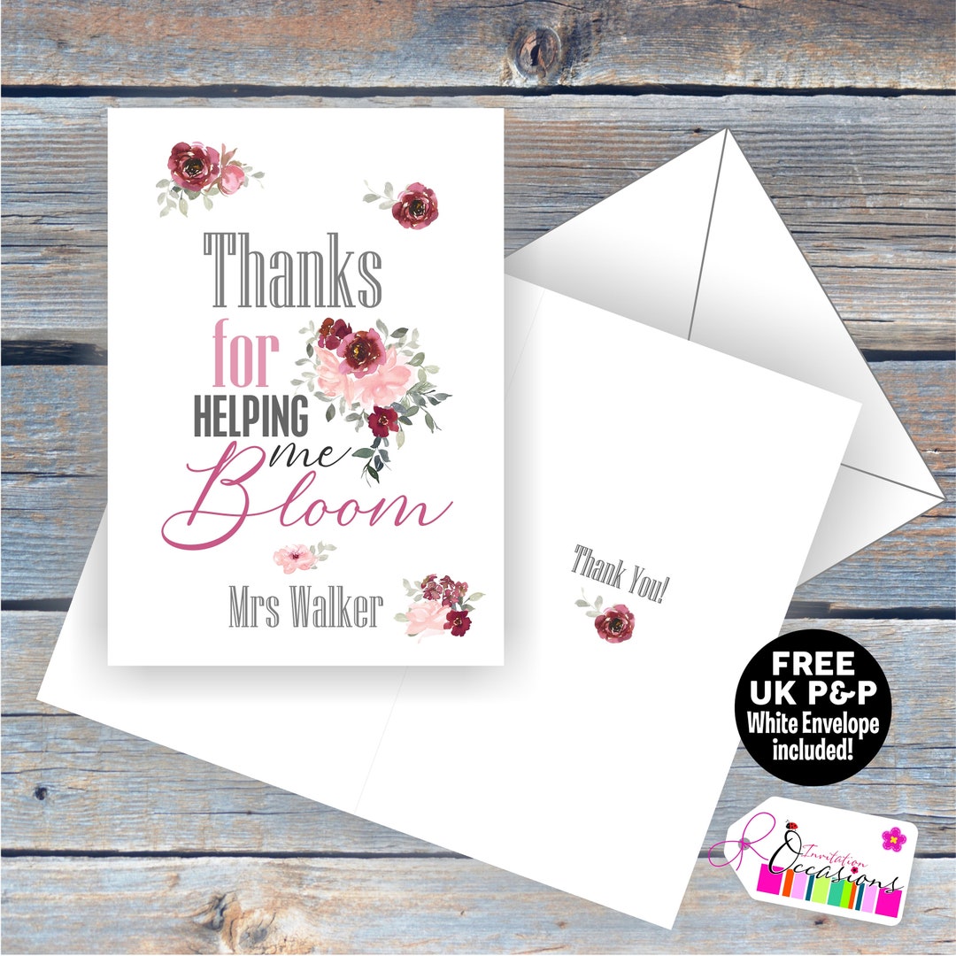 Custom Teacher Card Thanks for Helping Me Bloom Thank You Teacher Gift ...