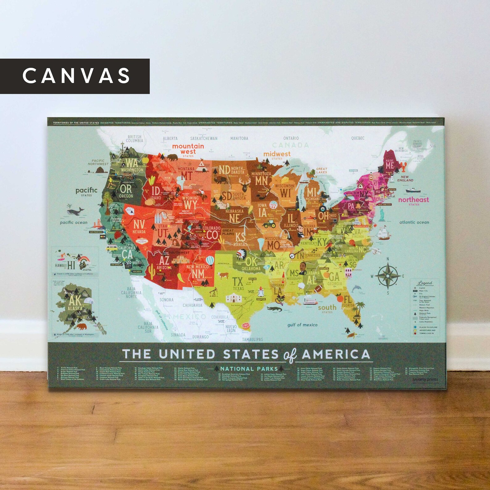 Canvas Push Pin Children's US Map Fun Illustrated Map - Etsy