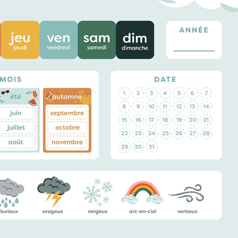 French Daily Morning Board Printable Placemat, Kids Daily Calendar ...