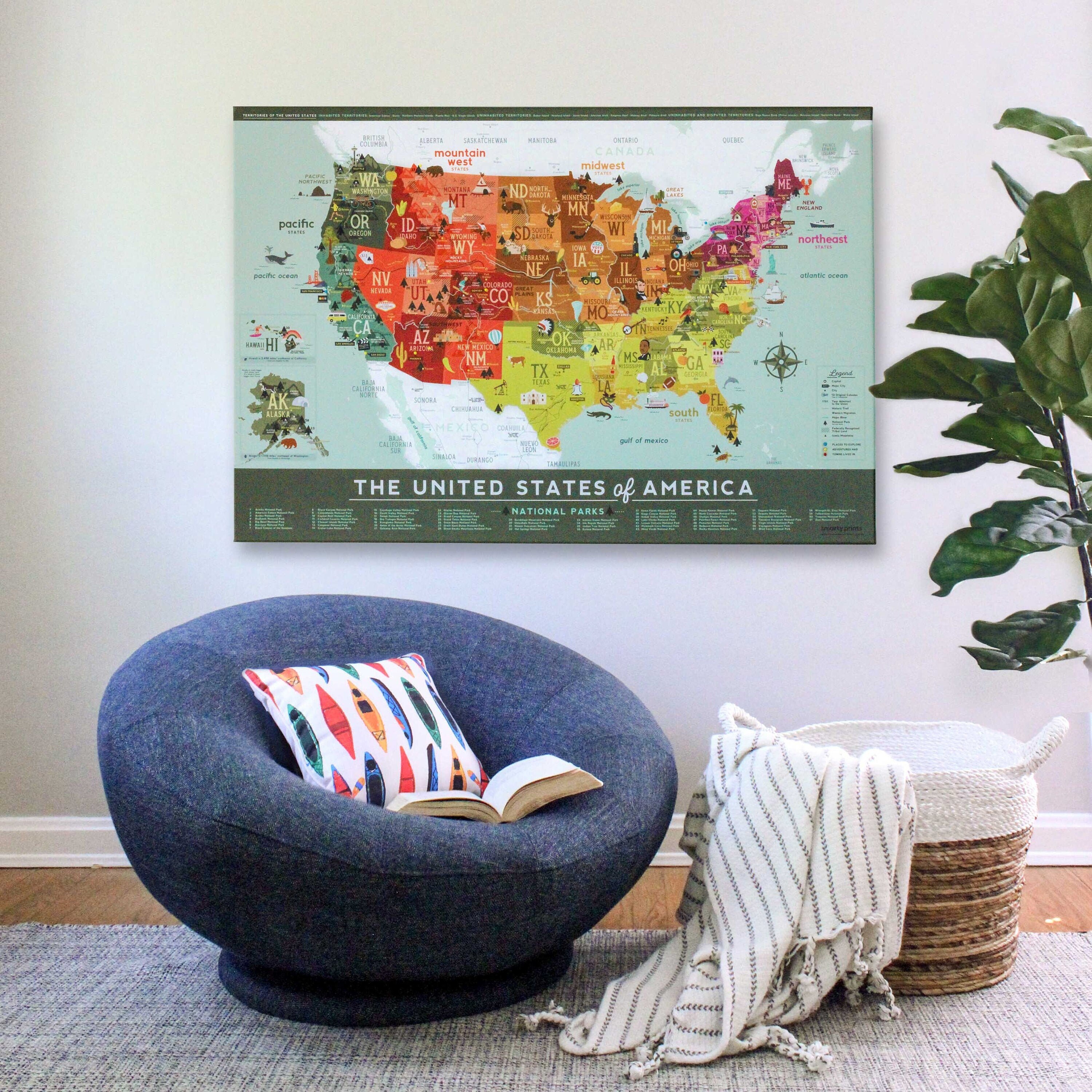 Canvas Push Pin Children's US Map Fun Illustrated Map | Etsy