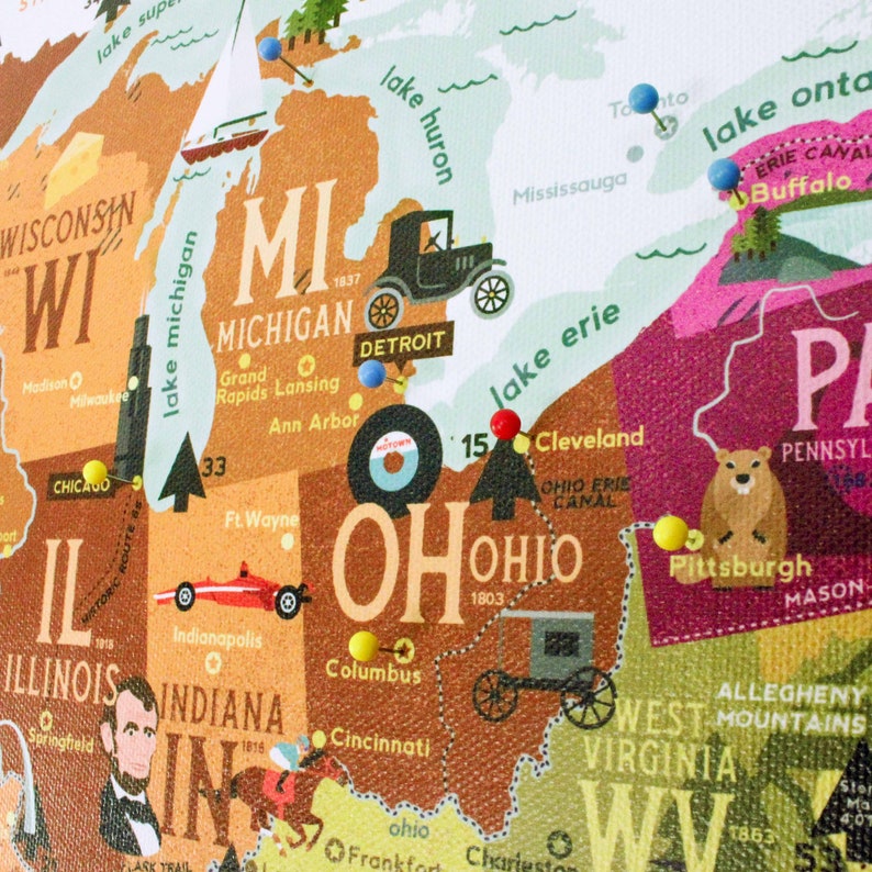 Canvas Push Pin Children's US Map Fun Illustrated Map - Etsy