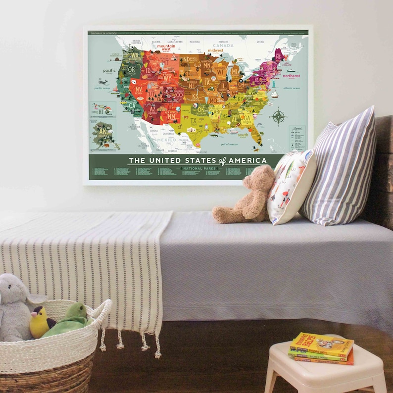 Educational Children's US Map Fun Illustrated Map US - Etsy