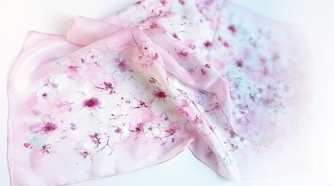 Sakura Silk Scarf / Hand-painted Art Shawl / Cherry Blossom Japanese ...