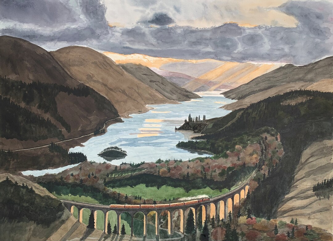 Wizard Train on Bridge Print-watercolor Wizard Castle and Train-wizard ...