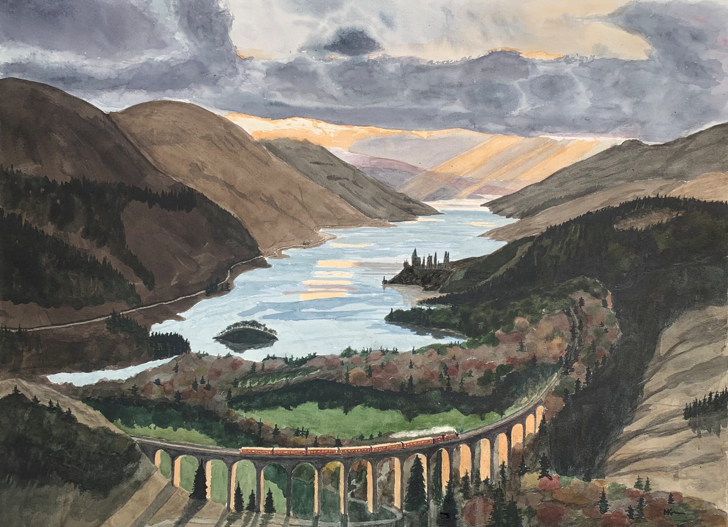 Wizard Train on Bridge Print-watercolor Wizard Castle and Train-wizard ...