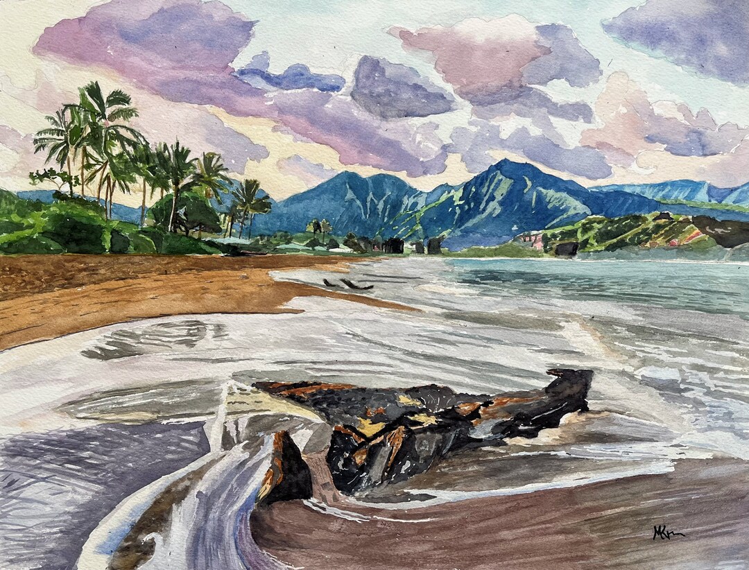 Hawaii Beach Sunset Watercolor-hanalei Bay Sunset Beach-kauai Beach ...