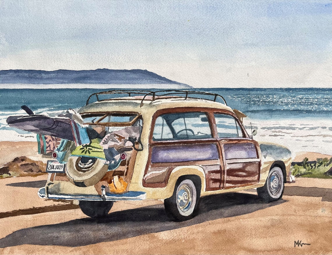 Surfer Beach Scene Print-woody at the Beach Print-woody Art-ford Woody ...