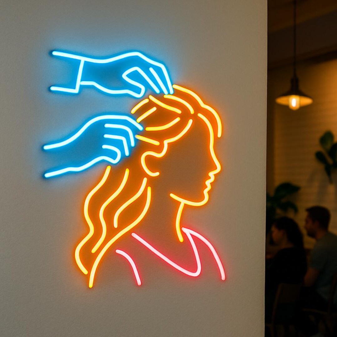 Hands Doing Hairstyle to Beautiful Woman Neon Sign. Beauty Salon Light ...