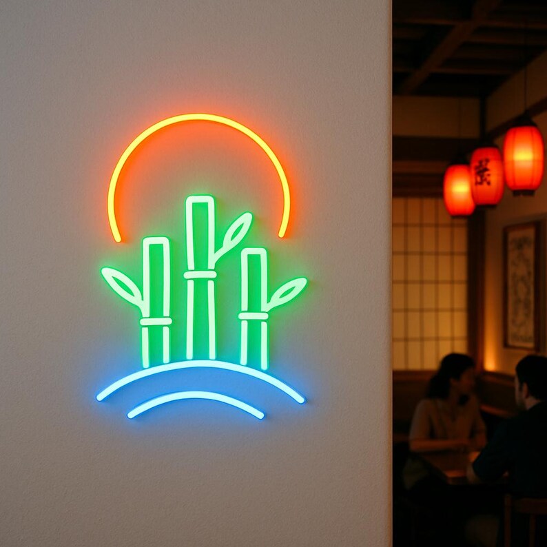 Sun Rising Over Bamboo Forest Neon Sign. Eco Cafe Light. Spa Salon Led ...