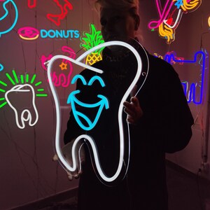 Happy Tooth Neon Sign, White Tooth Led Neon, Dentist Led Light, Dental ...