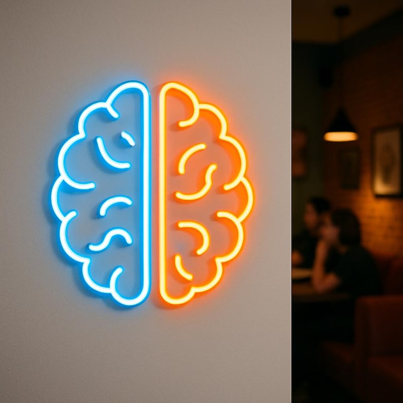 Brain Divided Into Two Hemispheres Neon Sign. Neurological Clinics ...