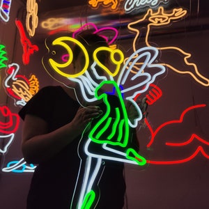 Flying Fairy Neon Sign, a Fairy With a Moon Led Neon, Custom Gift for ...
