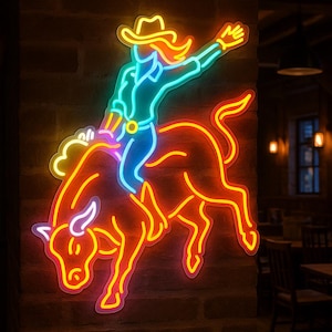 Rodeo Neon Sign. Bull LED Decor. Woman on Bull Neon Decor. Man on Bull ...