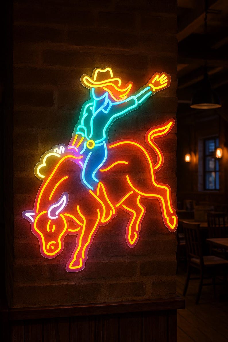 Rodeo Neon Sign. Bull LED Decor. Woman on Bull Neon Decor. Man on Bull ...