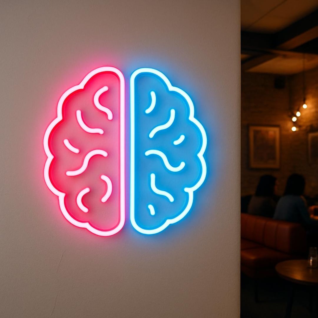 Brain Divided Into Two Hemispheres Neon Sign. Neurological Clinics ...