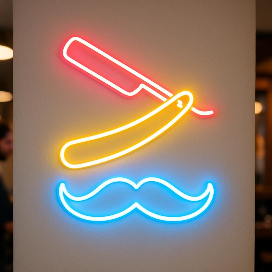 Straight Razor and Mustache Neon Sign. Barbershop Light. Men's Beauty ...