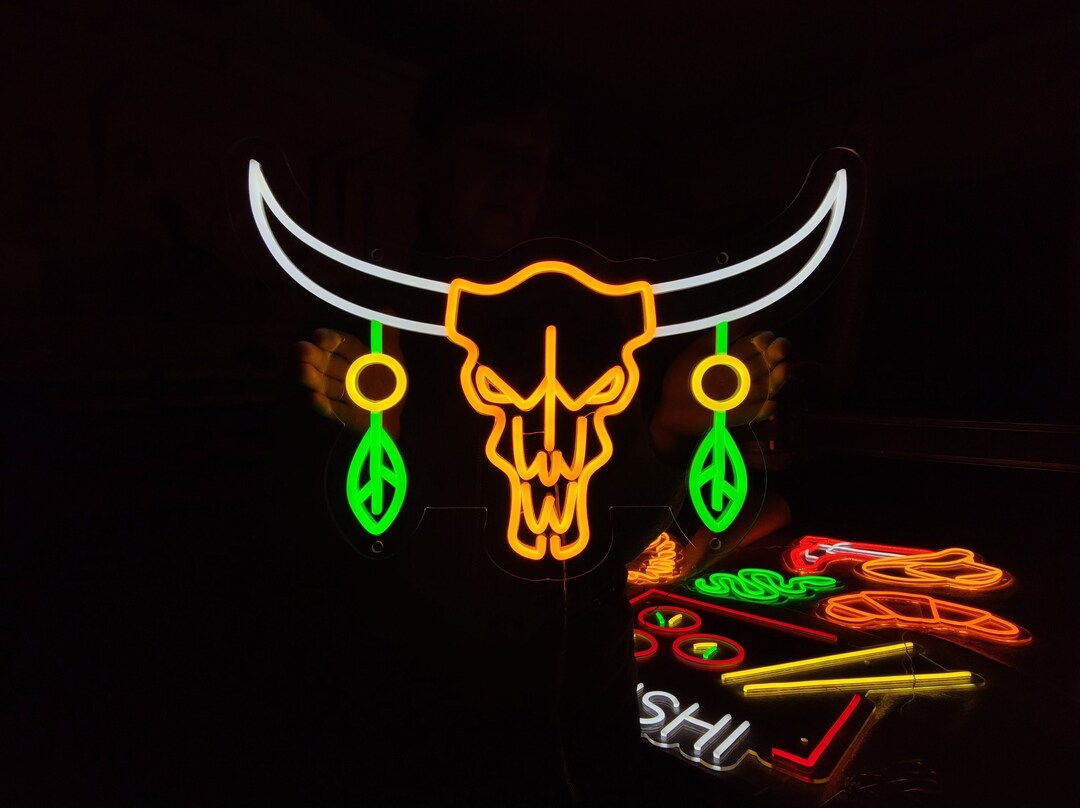 Bull Skull Neon Sign, Cow Skull Led Neon, Animal With Horns Light Sign ...