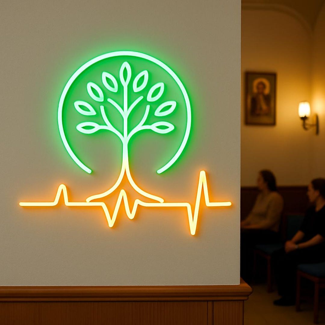 Tree of Life and ECG Line Neon Sign. Hospital Light. Wellness Centers ...