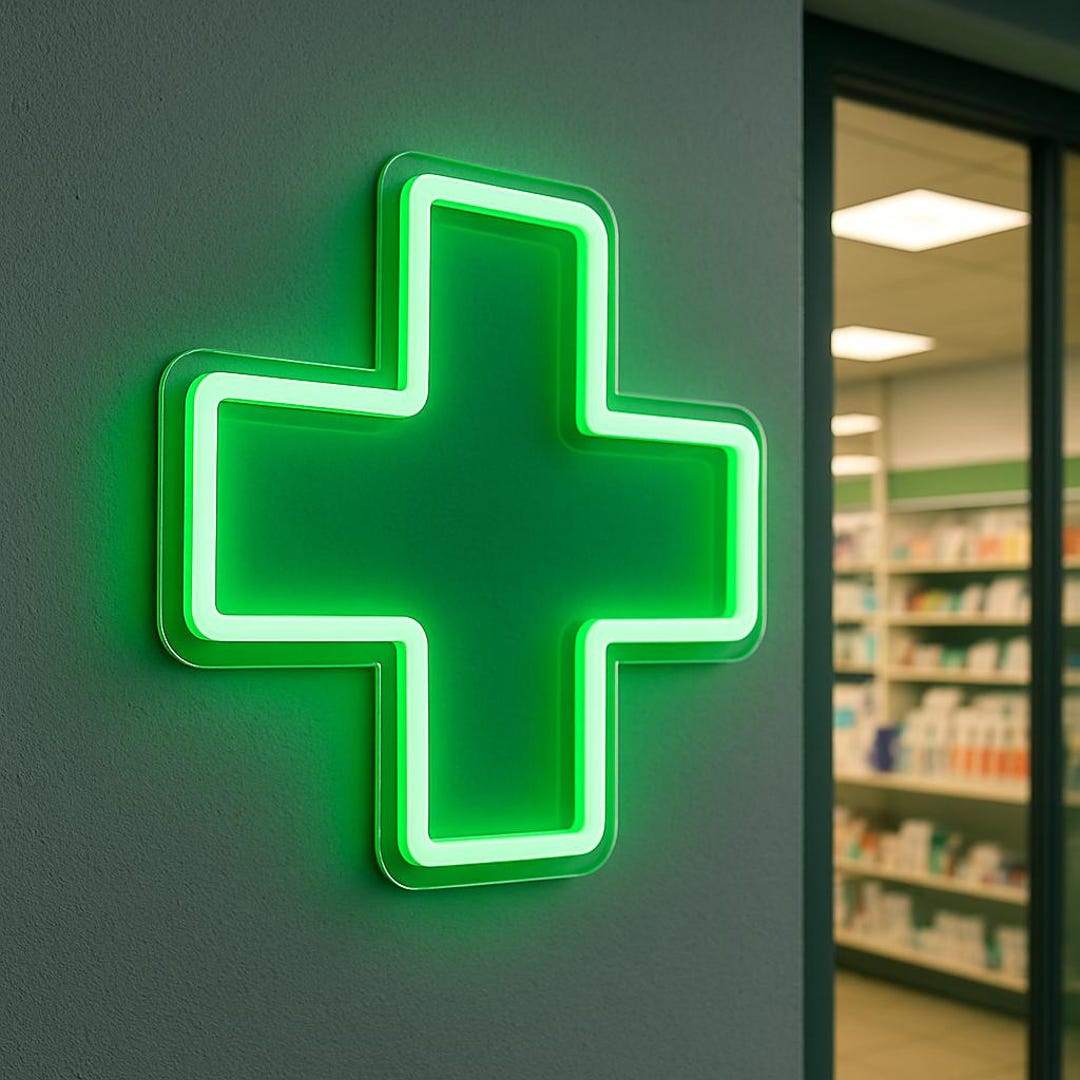 Pharmacy Neon Sign. DNA Spiral, Capsule, Cross, PICK UP, Clock and 24h ...