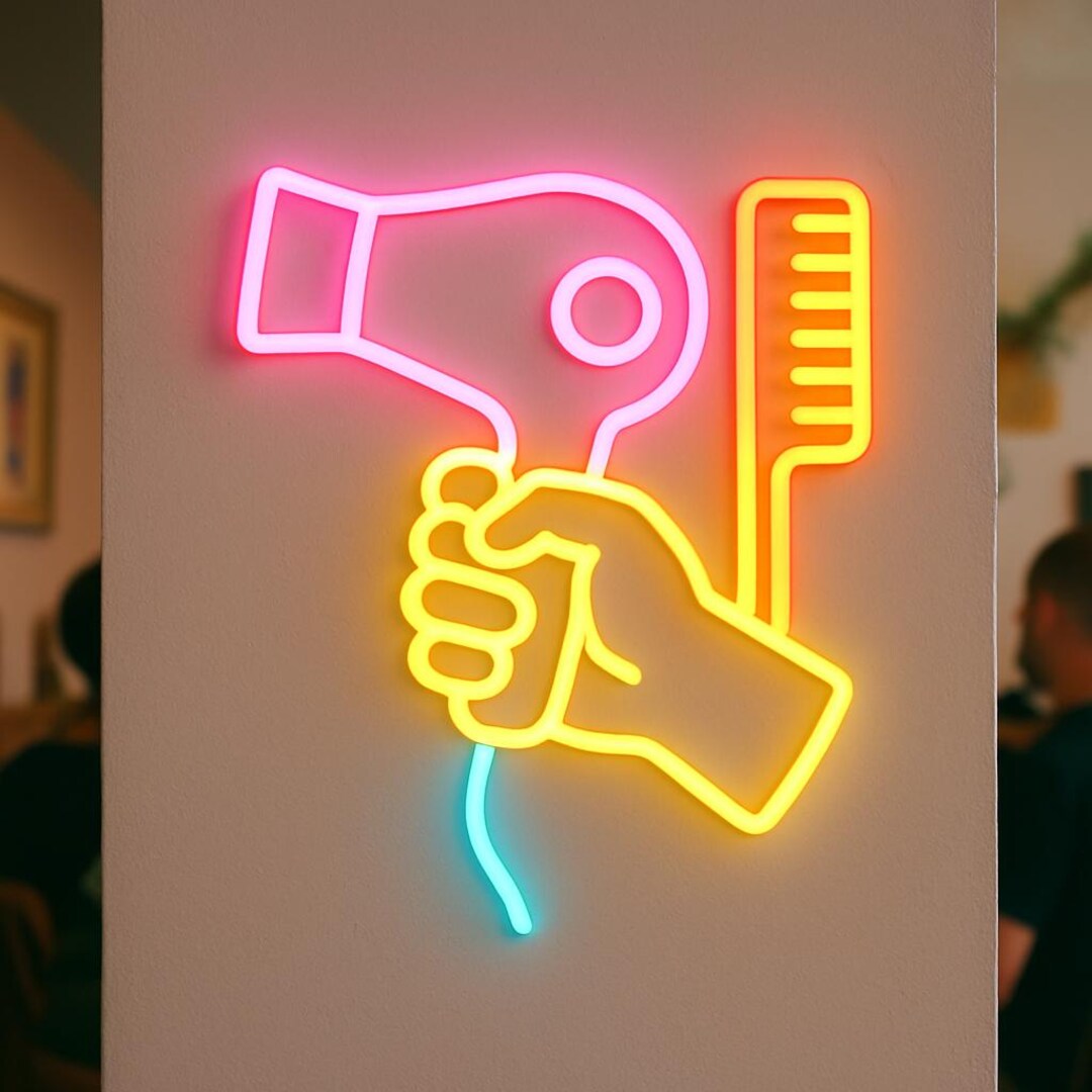Hair Dryer in Hand and Comb Neon Sign. Hairdresser Light. Beauty Salon ...