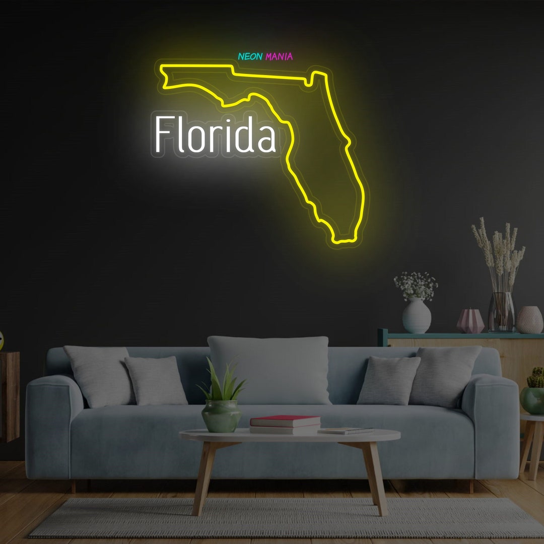 Florida Map Neon Sign: State in the Southeastern Region of the United ...