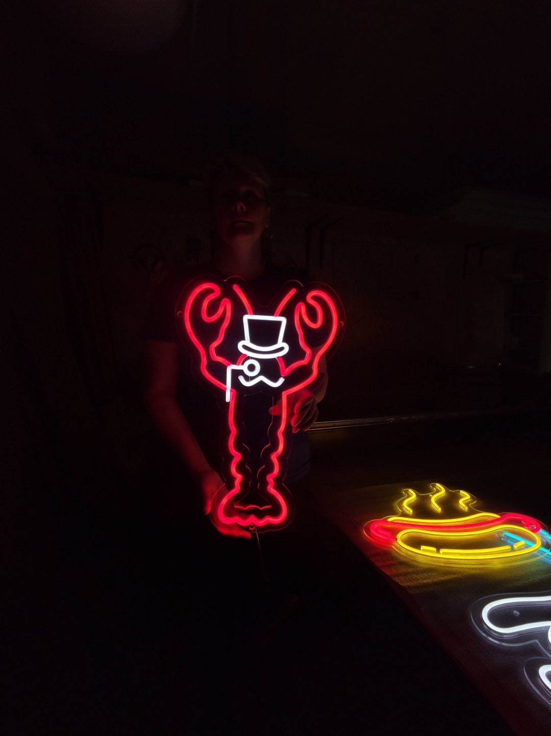 Lobster With Tophat Neon Sign, Crayfish Light Sign, Ocean Animals Led ...