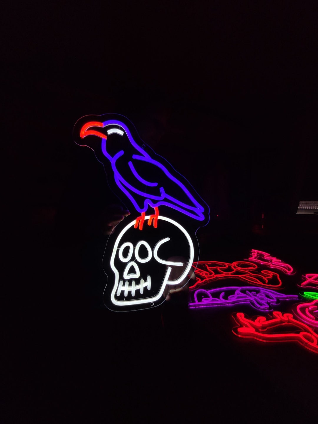 Crow on a Skull Neon Sign, Crow Neon Light, Human Skull Led Light ...