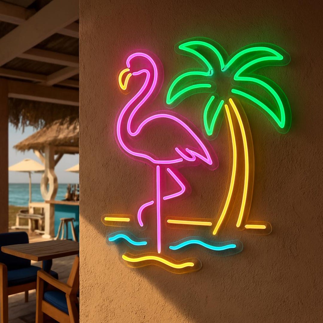 Flamingo Under a Palm Tree Neon Sign. Flamingo on the Island Led Light ...