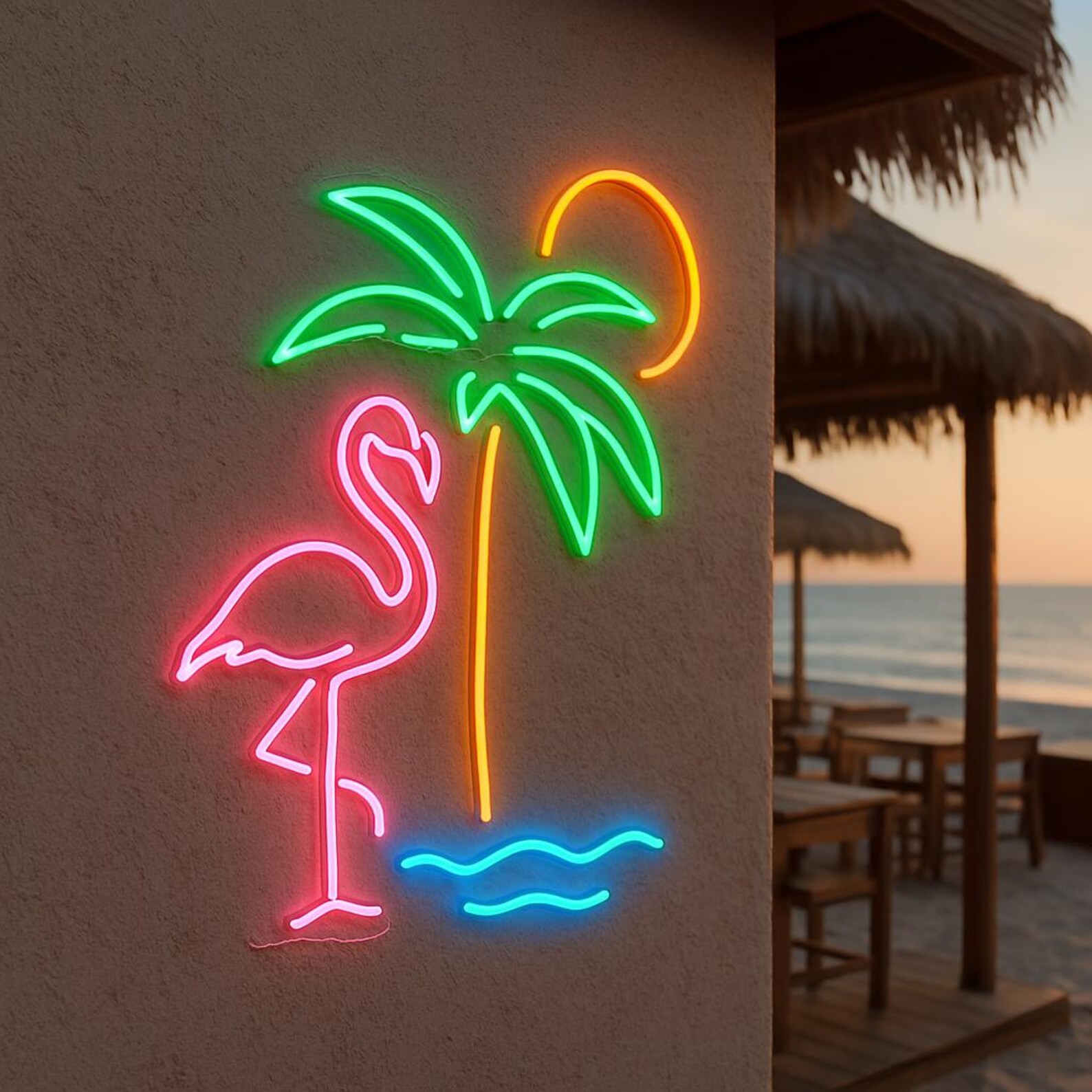 Flamingo Under a Palm Tree Neon Sign. Flamingo on the Island Led Light ...