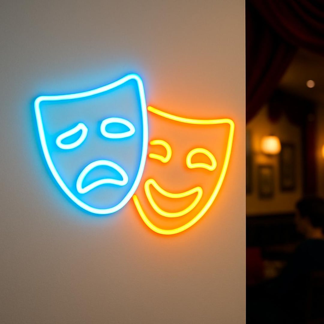 Mask of Tragedy and Comedy Neon Sign. Theater Light. Acting Schools and ...