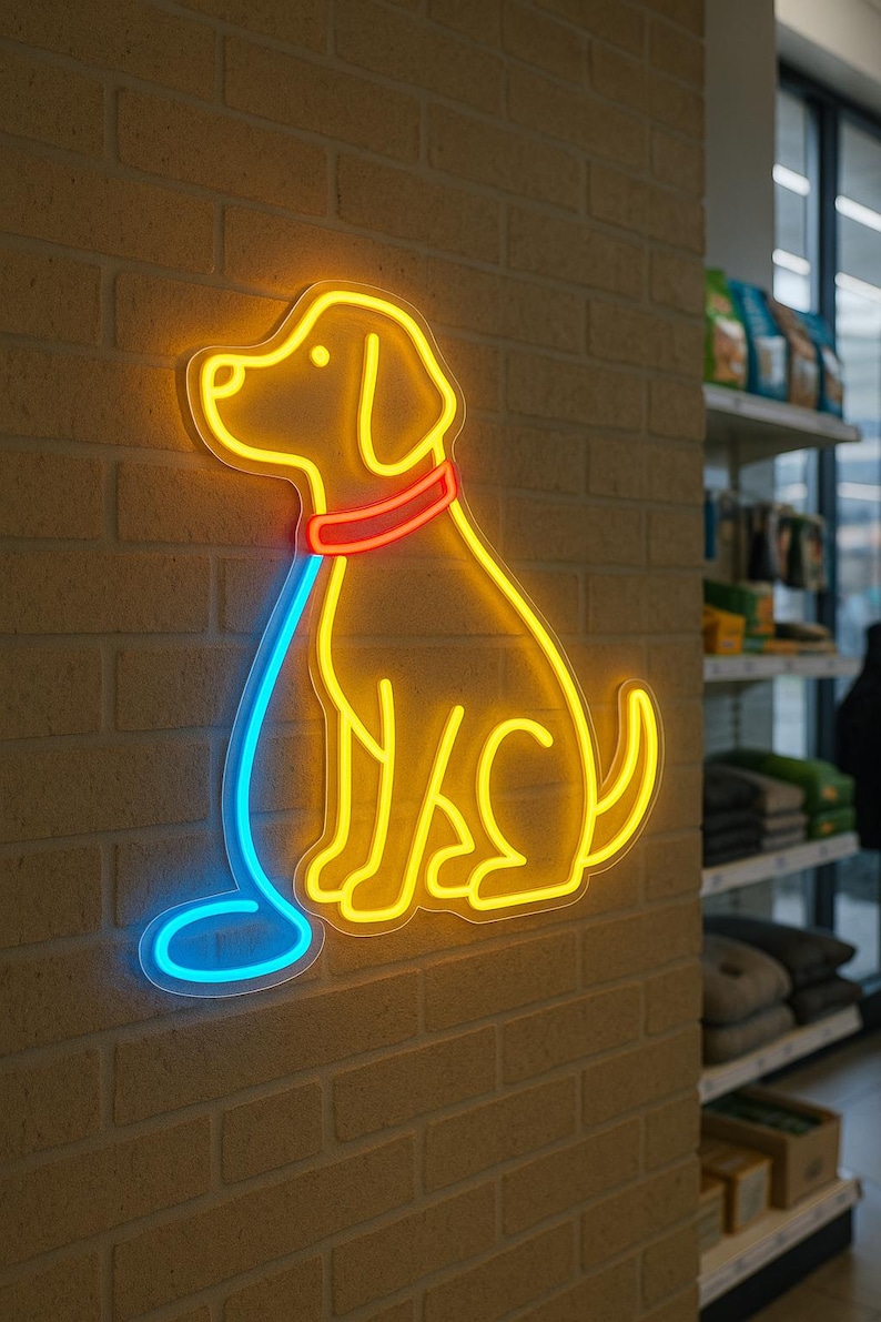 Neon Pet Shop Decor. Dog Neon Sign. Dog on a Leash LED Decor. Dog in ...