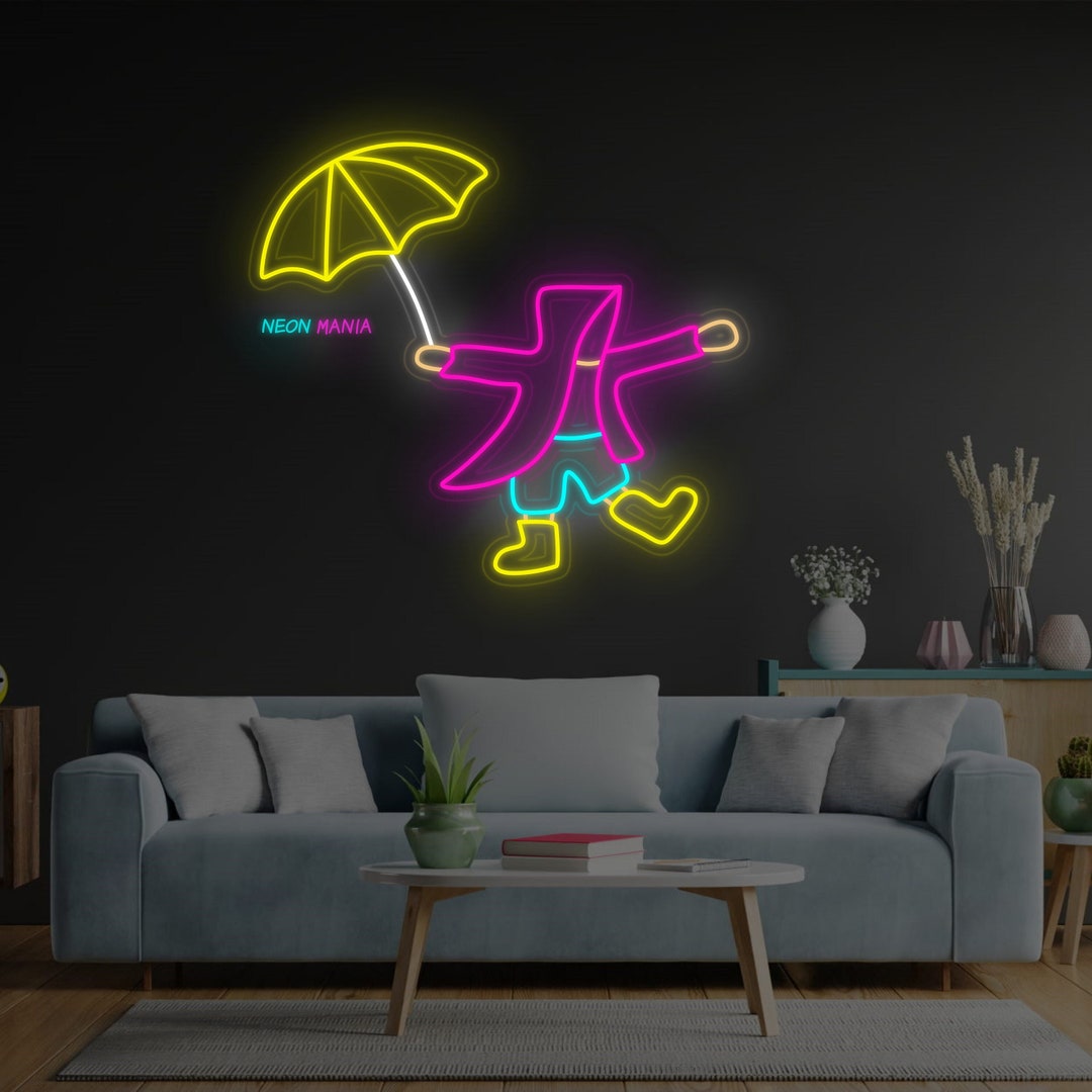 Dancing in the Rain Neon Sign: Light up Your Room. Child With Umbrella ...