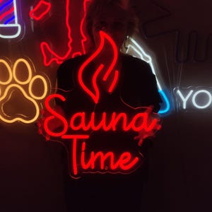 Sauna Neon Sign. Welcome to the Heat, Sauna Time, Bath Broom, Palm Tree ...