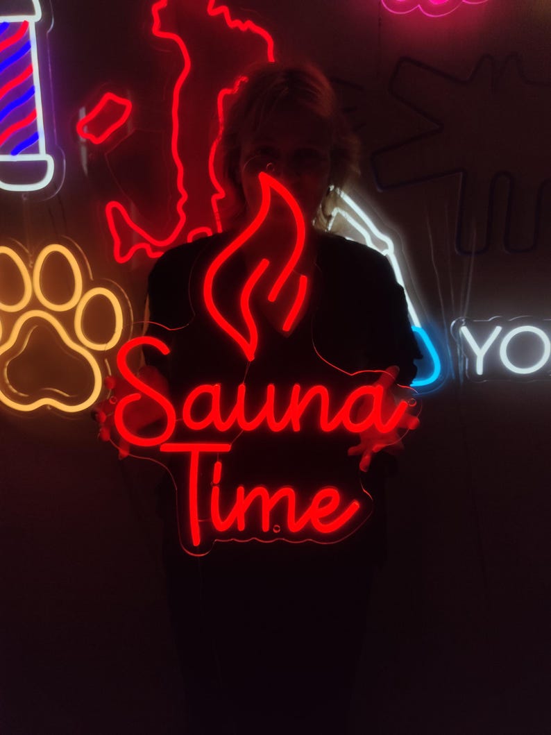 Sauna Neon Sign. Welcome to the Heat, Sauna Time, Bath Broom, Palm Tree ...