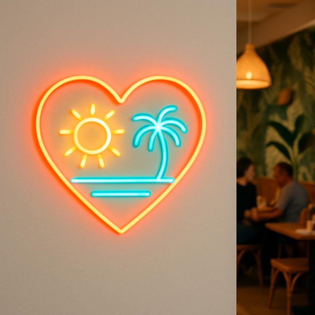 Heart With Sun and Palm Tree Neon Sign. Travel Agencies Light. Spa ...