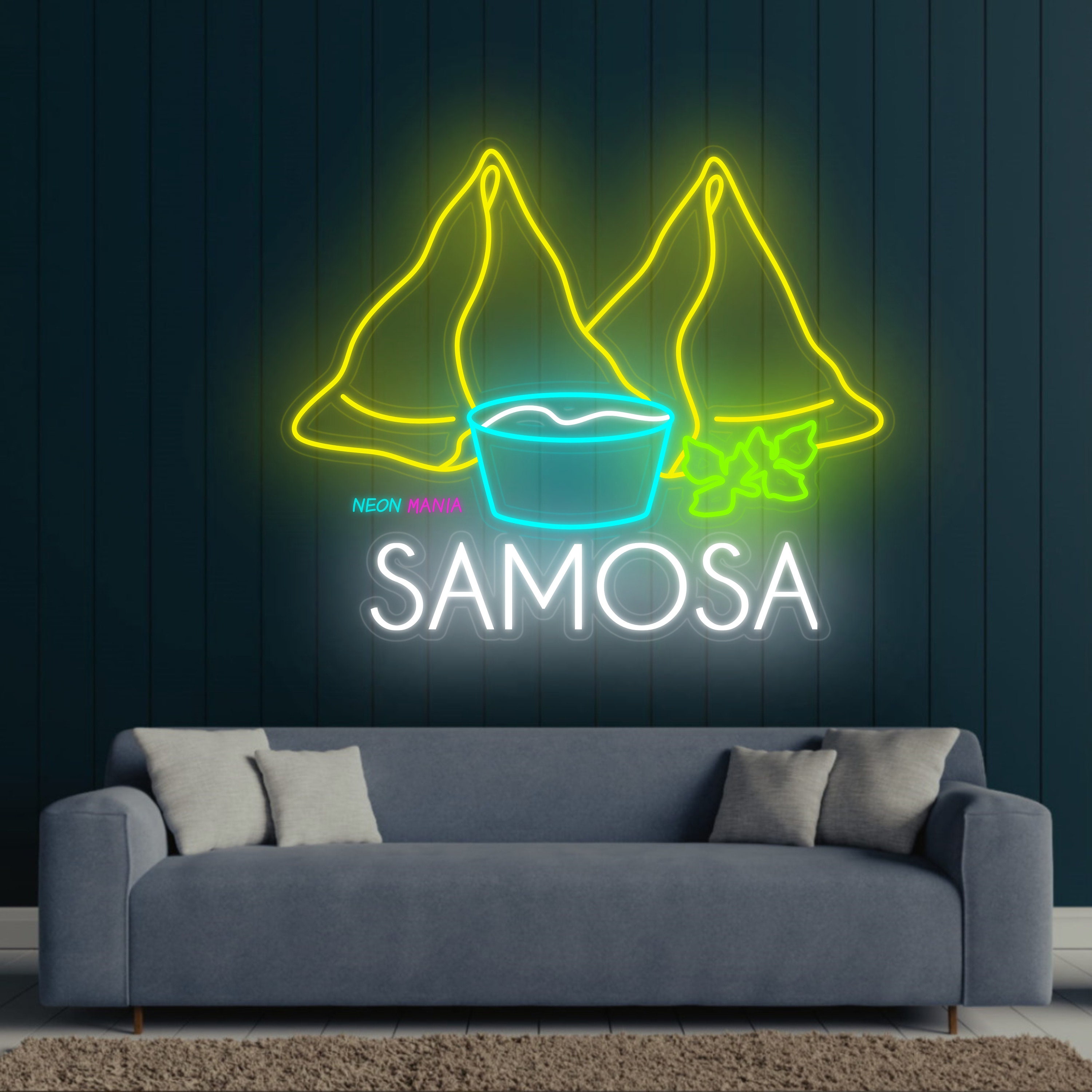 Samosa Neon Sign, Samosa With Sauce Led Light Sign, Savoury Pastry Neon ...