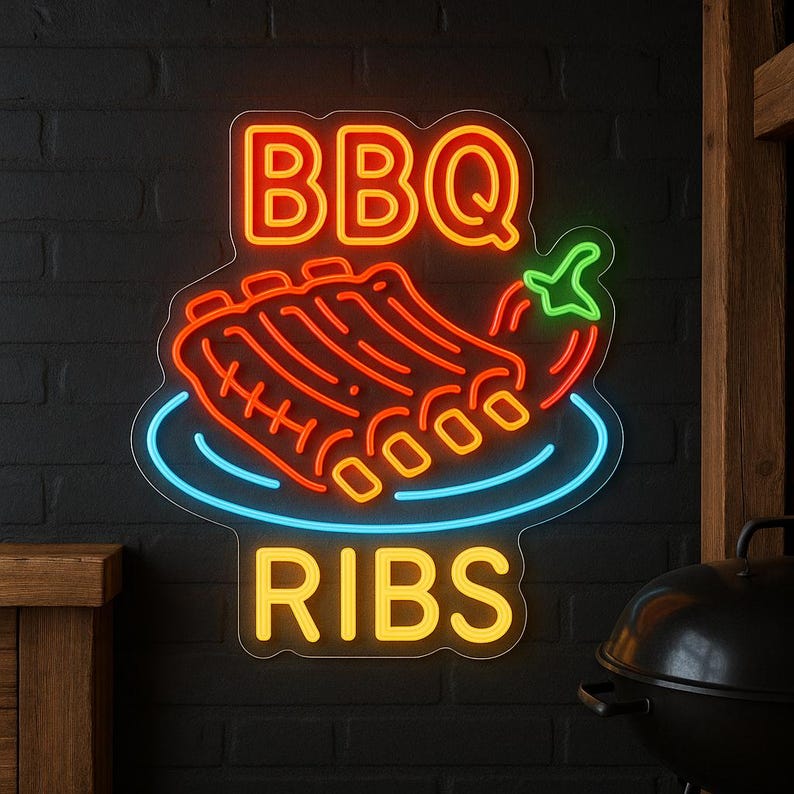 BBQ Ribs Neon Sign - Custom LED Barbecue Light Sign. Grill Decor - Ribs ...