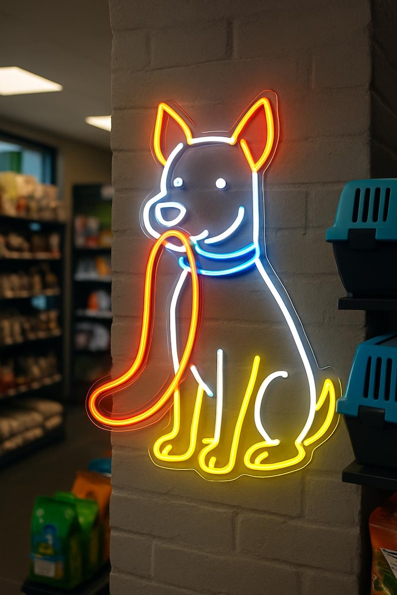 Neon Pet Shop Decor. Dog Neon Sign. Dog on a Leash LED Decor. Dog in ...