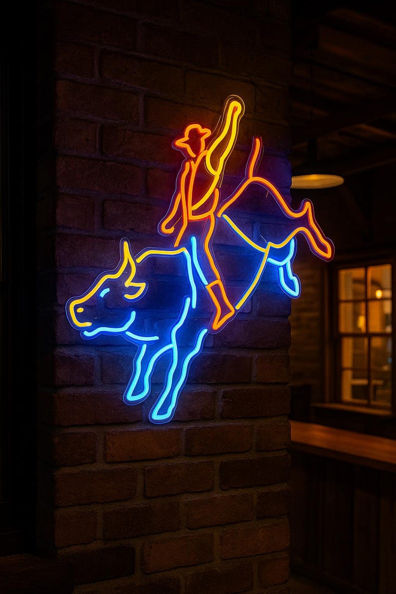 Rodeo Neon Sign. Bull LED Decor. Woman on Bull Neon Decor. Man on Bull ...