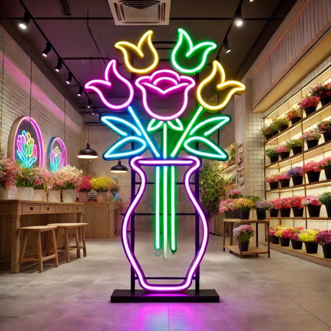 Floral Shop Neon Sign. Flowers, Garland of Leaves, Eucalyptus Branch ...