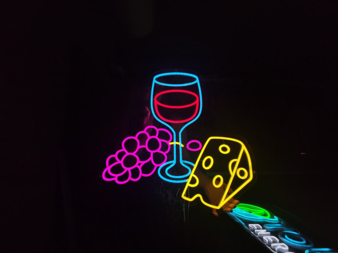 Wine Cheese Grapes Neon Sign, Glass of Red Wine Led Sign, Grapes and ...