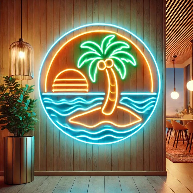 Custom Island Neon Sign. Palm Trees, Coconut Tree, Banana Tree, Boat on ...