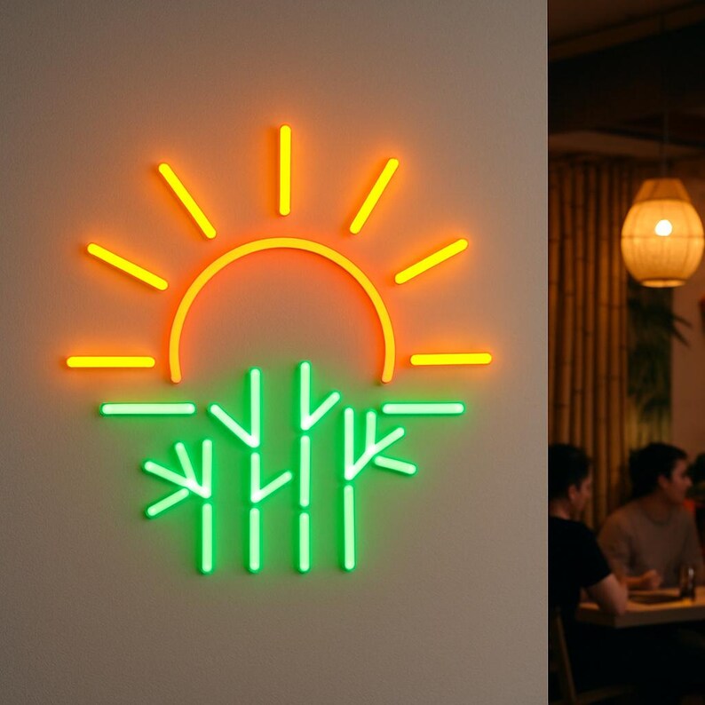 Sun Rising Over Bamboo Forest Neon Sign. Eco Cafe Light. Spa Salon Led ...