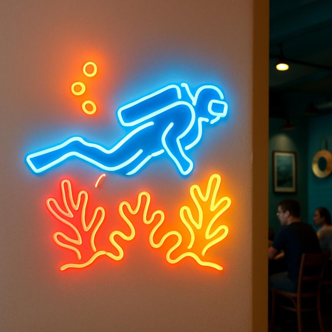 Coral Reef and Diver Neon Sign. Diving Centers Light. Diving Schools ...