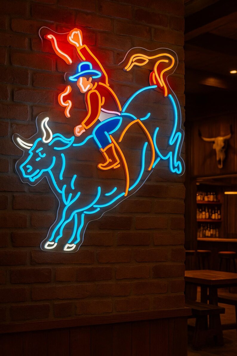 Rodeo Neon Sign. Bull LED Decor. Woman on Bull Neon Decor. Man on Bull ...
