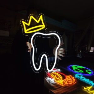 Tooth Neon Sign, Tooth With a Crown Led Neon, Medicine Led Light ...