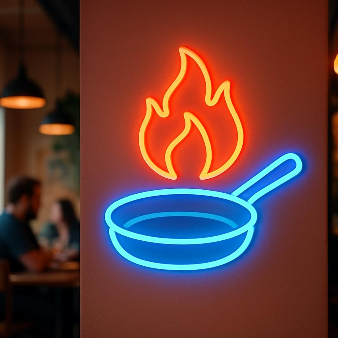 Frying Pan Neon Sign, Wok With Fire Neon Light, Flame Led Light, Custom ...