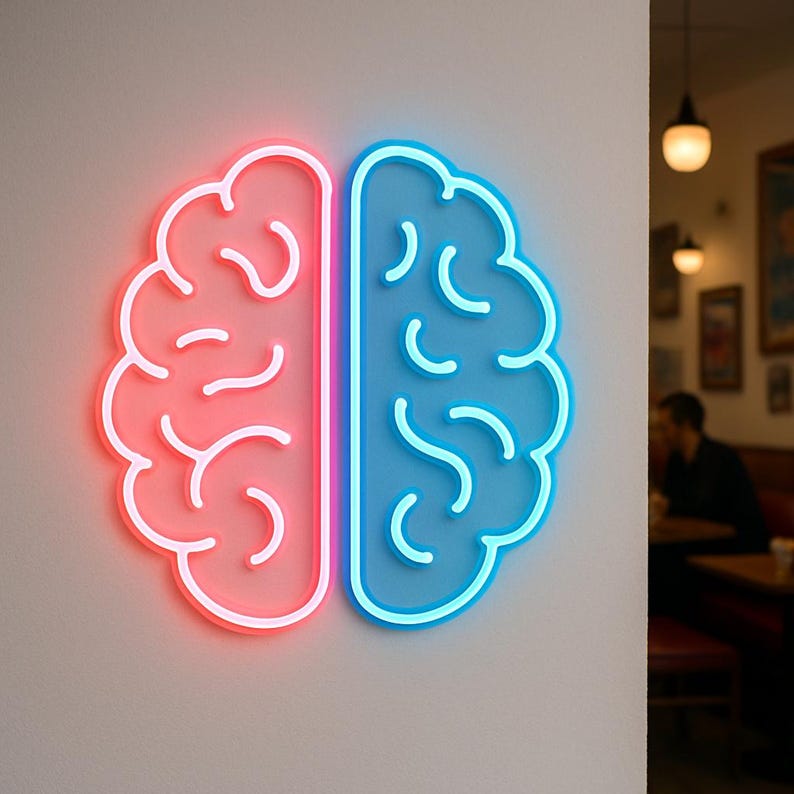 Brain Divided Into Two Hemispheres Neon Sign. Neurological Clinics ...