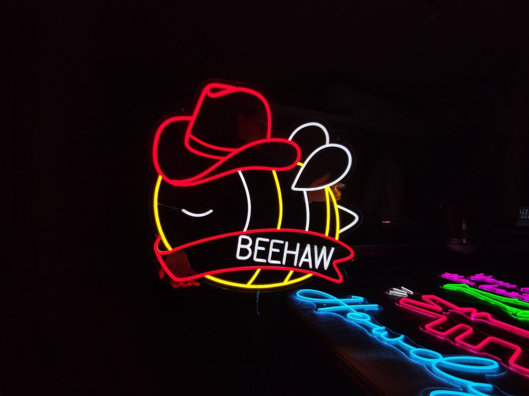 Beehaw Neon Sign, Bee Led Neon Light, Bee With Cowboy Hat Led Night ...