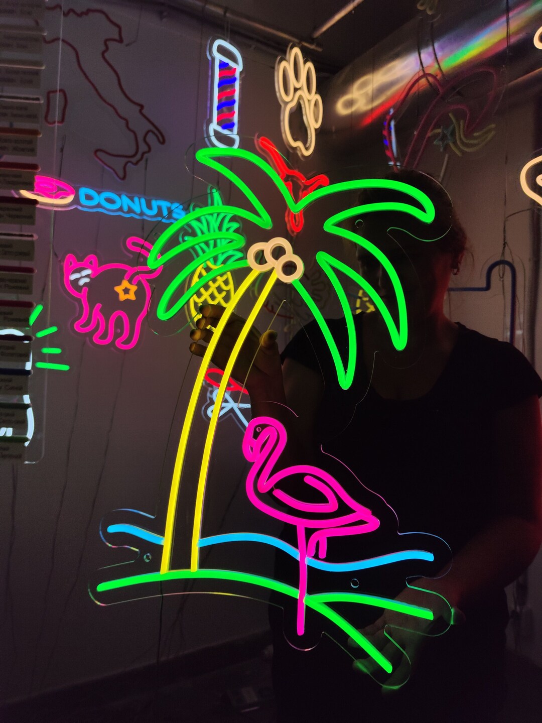 Flamingo Under a Palm Tree Neon Sign, Flamingo on the Island Led Light ...